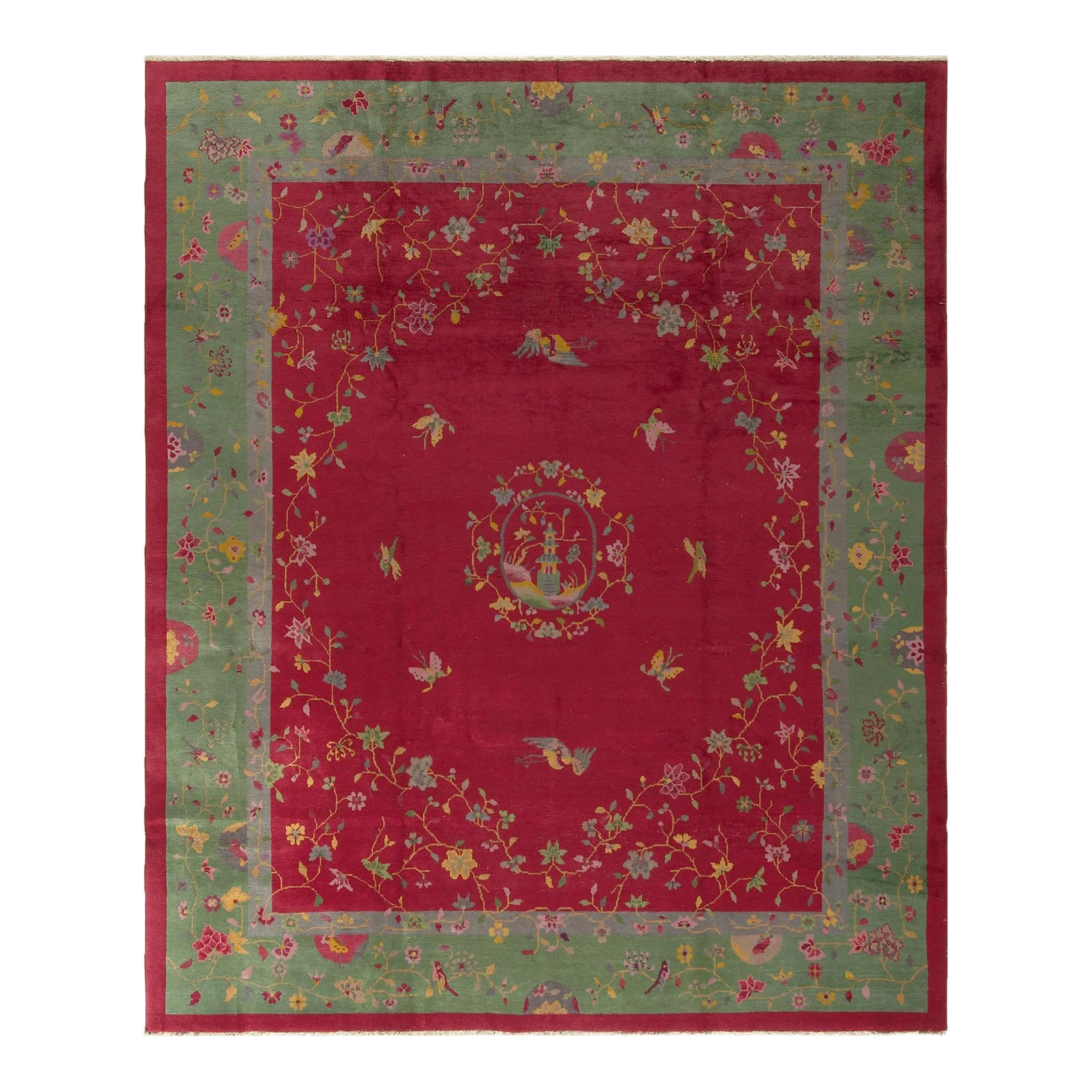 Red and Green Pictorial Floral Antique Chinese Art Deco Rug 7'11" X 9'7 ...