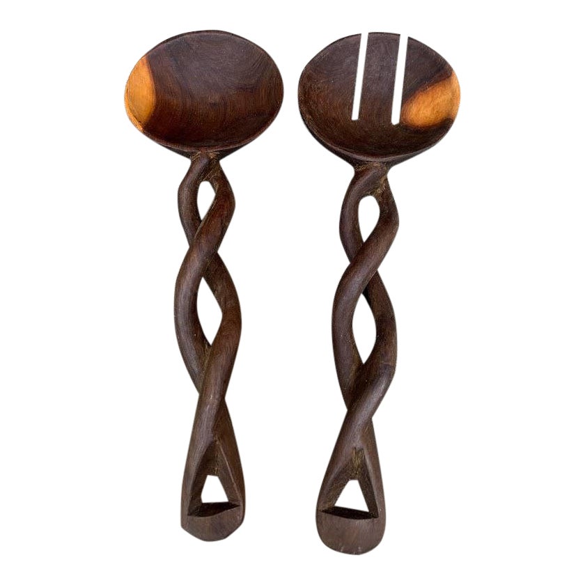 Wooden Twisted Handle Salad Spoon/Fork - Pair | Chairish