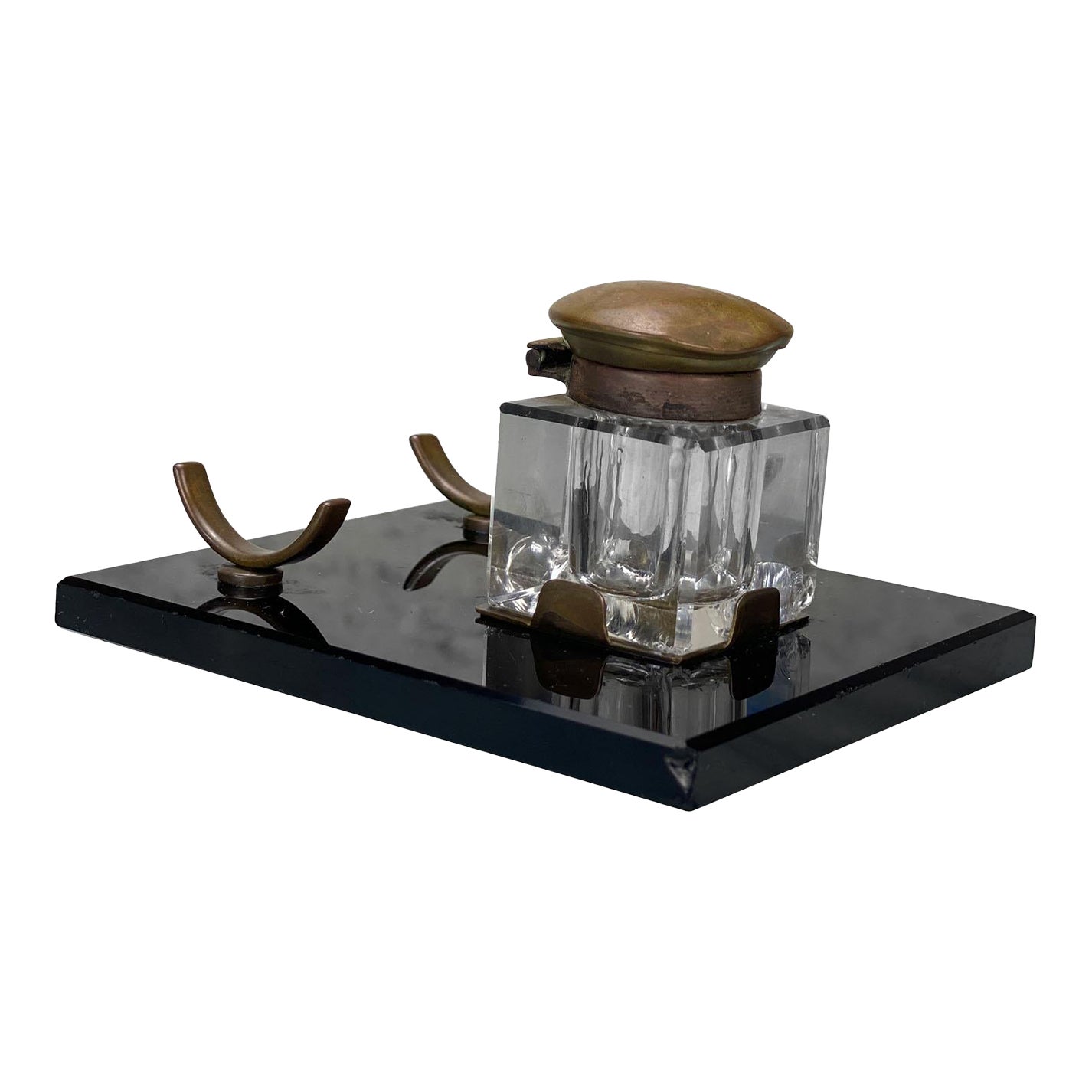 Antique Traditional German Onyx Inkwell W/ Pen Rest | Chairish