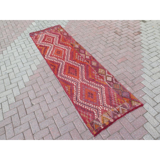Aesthetic Red Boho Rug Runner Turkish Hallway Kilim | Chairish