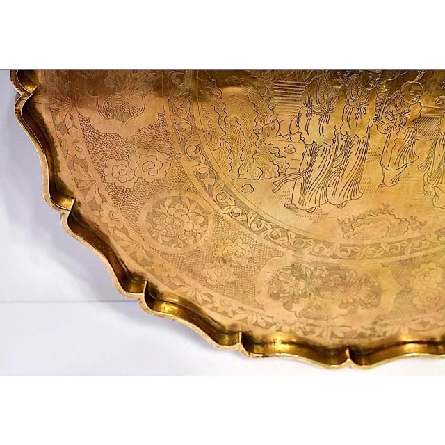 Antique Chinese Folding Golden Brass Tray Table With Engraved Scene ...