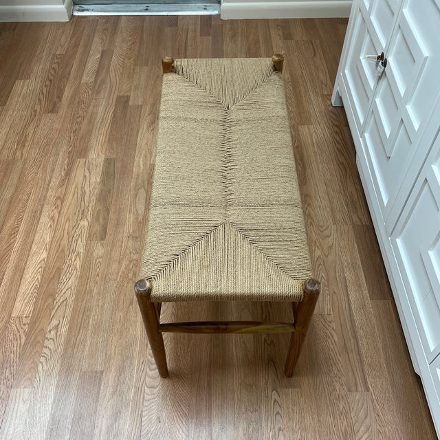 Natural Teak Wood and Rush Bench | Chairish