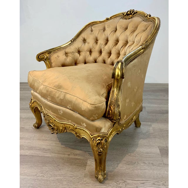 Antique French Tufted Gold Gilt Lounge Chair Pair | Chairish