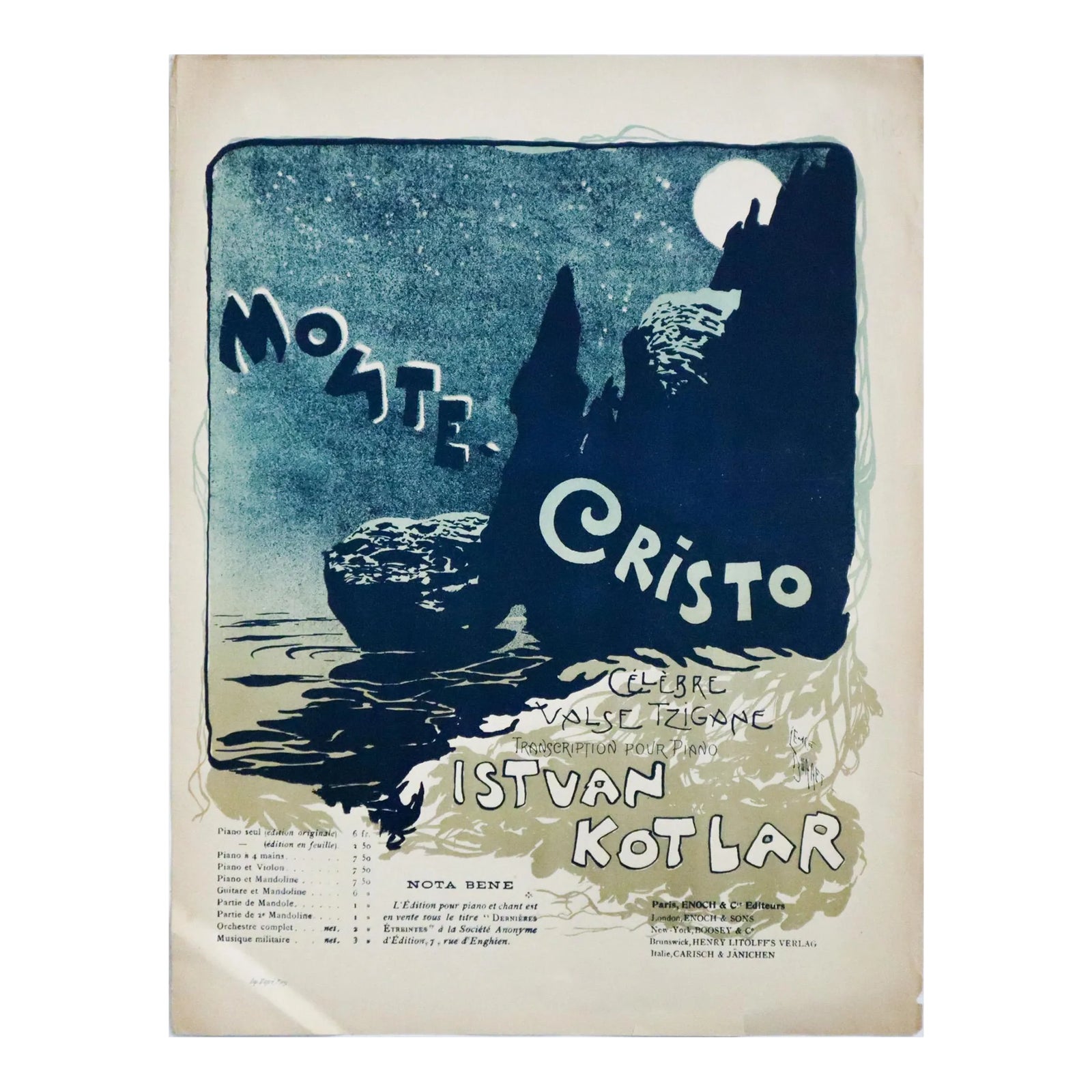 1899 French Music Sheet Cover for Piano Music, Monte-Cristo by Istuan ...