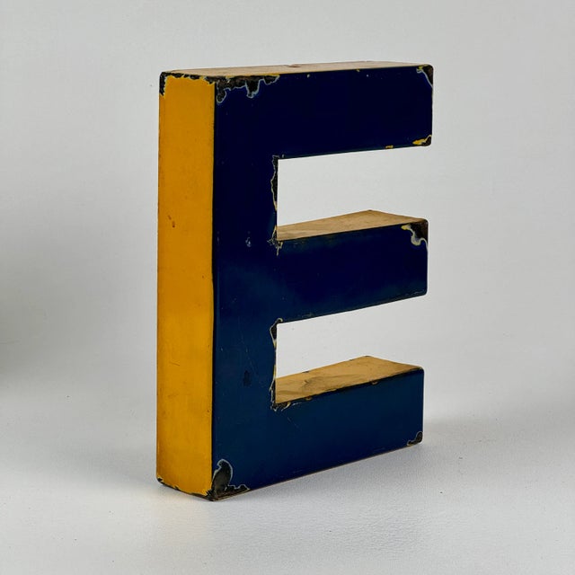 Vintage Metal Porcelain Enamel Letter 'E' Sign in Blue & Yellow | Chairish