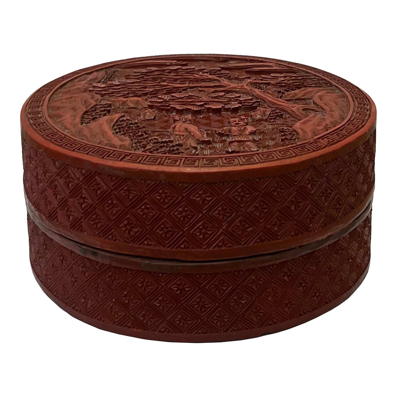 Vintage Chinese Red Resin Lacquer Round Carving Small Accent Box | Chairish