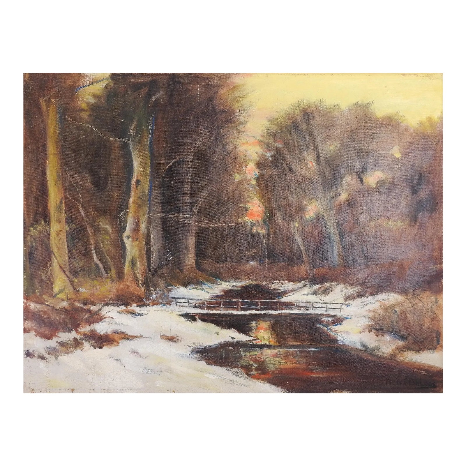 Early 20th Century Winter Bridge at Sunset Painting | Chairish