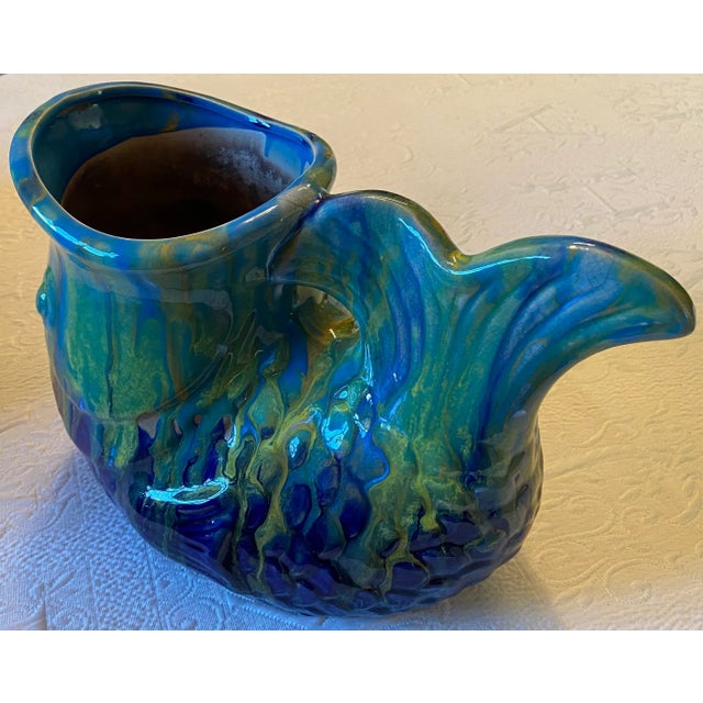 Vintage Large Glazed Green Blue Yellow Fish Planter Pot Vase From West ...
