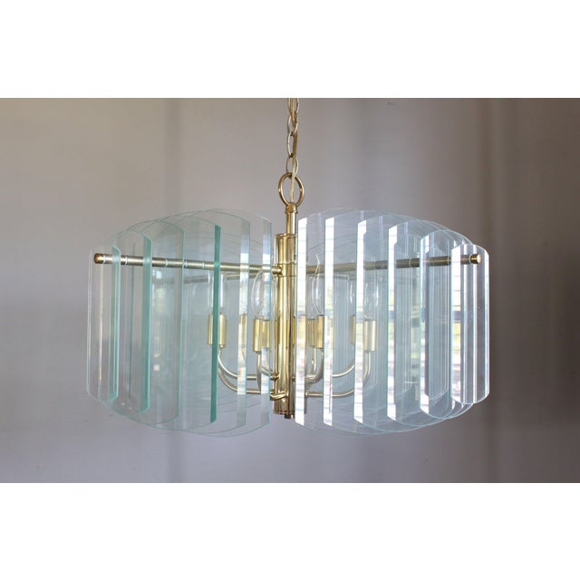 1990's Art Deco Brass and Glass Panel 8 Light Art Deco Chandelier by ...
