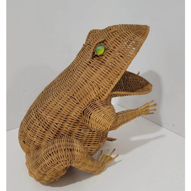 Bohemian Wicker Frog Storage Basket With Glass Marble Eyes | Chairish