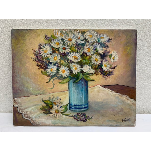 Vintage Daisy Bouquet Oil Painting on Canvas | Chairish