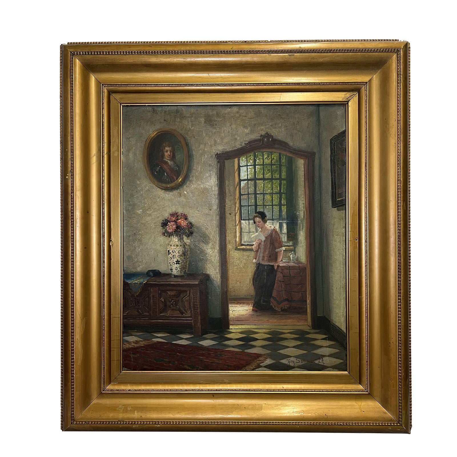 Early 20th Century Baroque Style Painting of Woman in Home Interior ...
