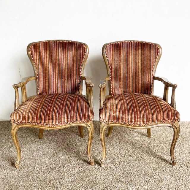 Traditional Wooden Retro Fabric Arm Chairs - a Pair | Chairish
