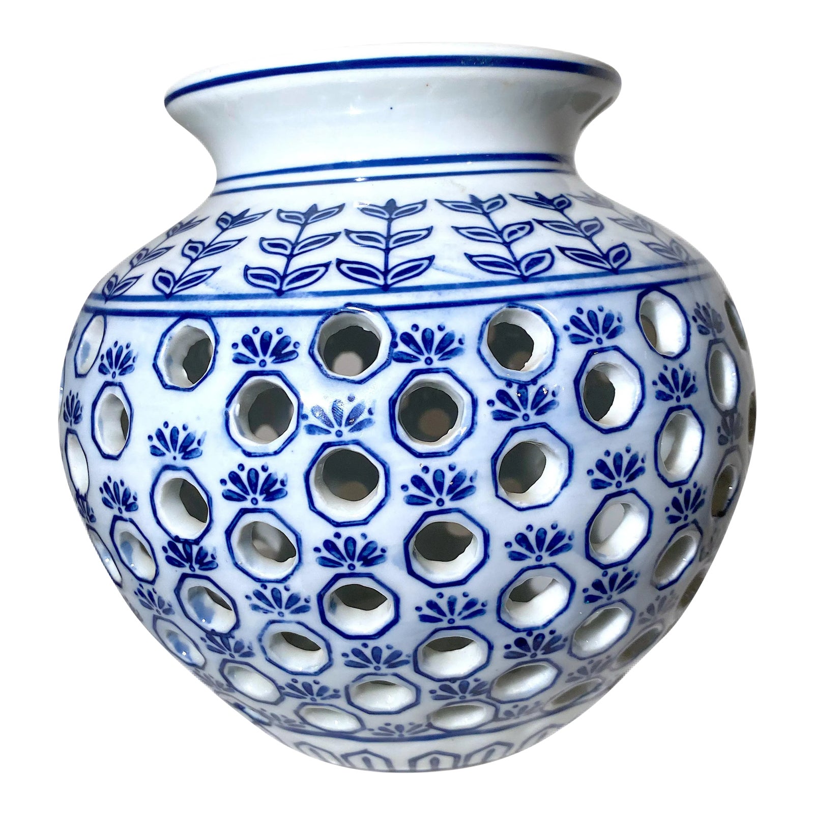 Vintage Blue and White Reticulated Porcelain Vase | Chairish