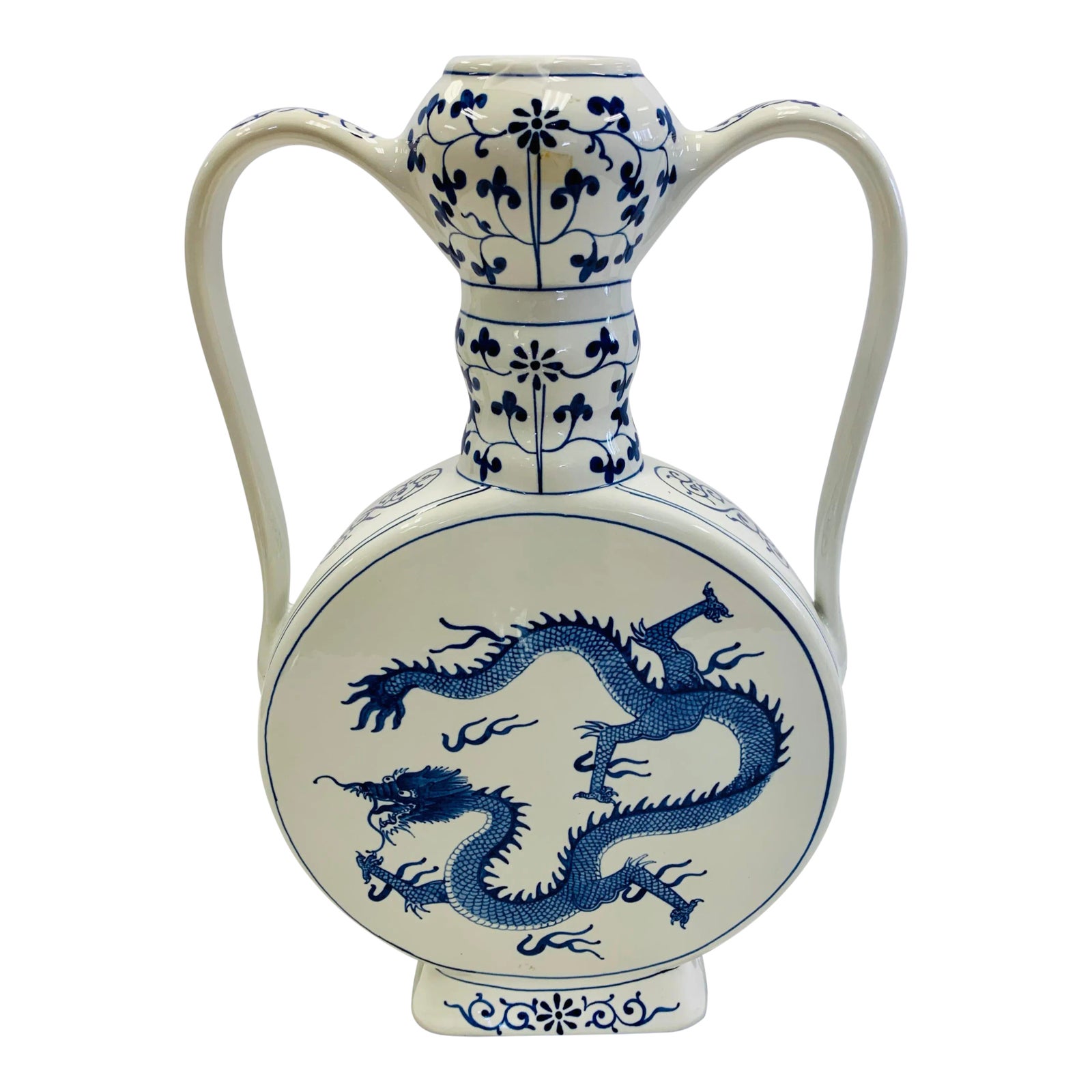 Chinoiserie Blue and White Dragon Vase Handles | Chairish