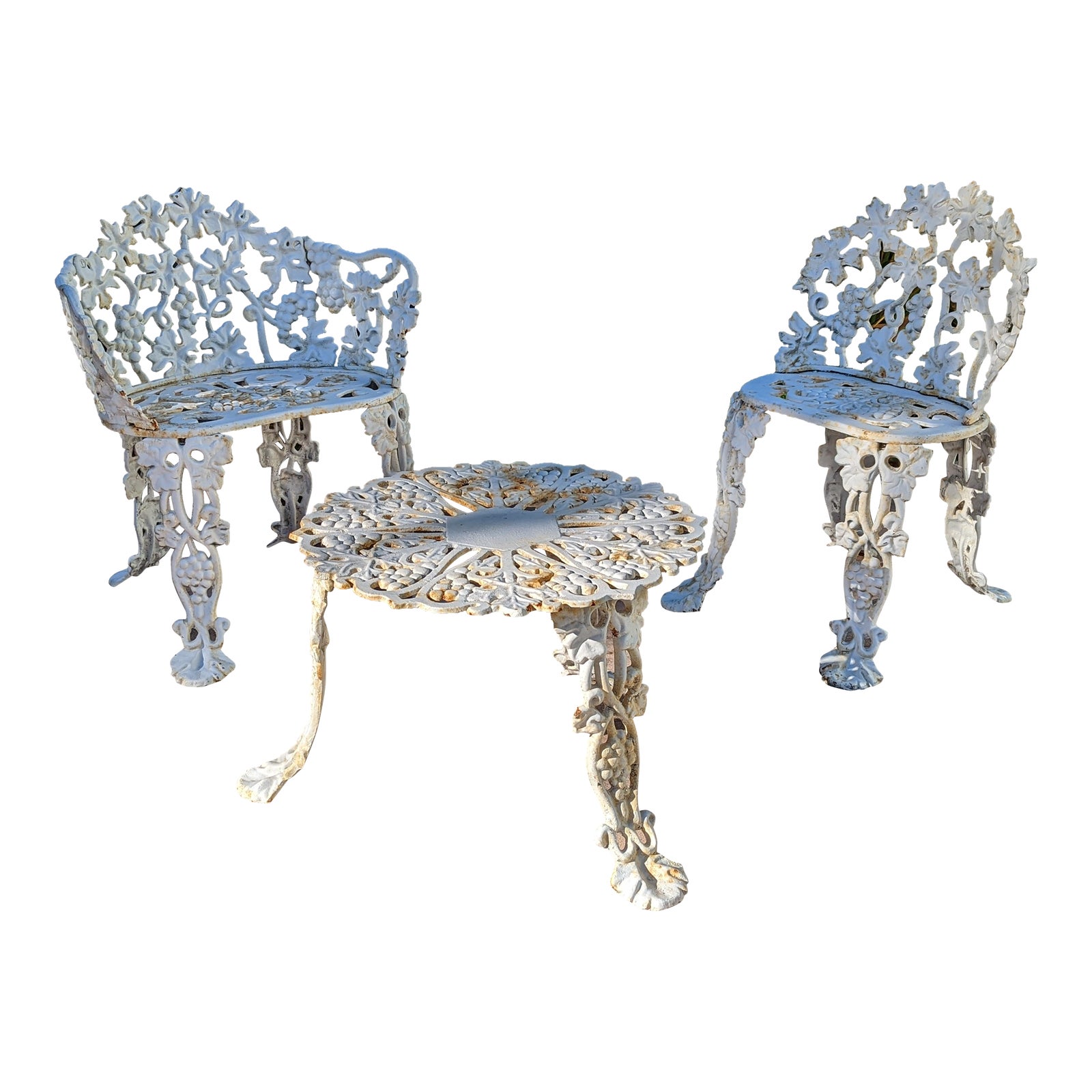 Antique White Wrought Iron Floral Grape Pattern Patio Table & 2 Chairs ...