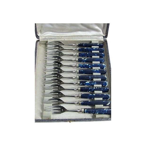 French Blue & White Dessert/Fish Forks - Set of 12 | Chairish