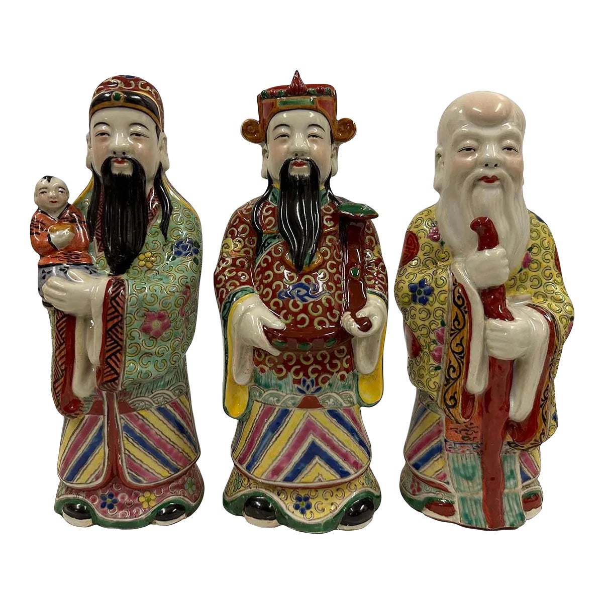 Early 20th Century Chinese Fu Lu Shou Feng Shui Trio Gods Figurines ...