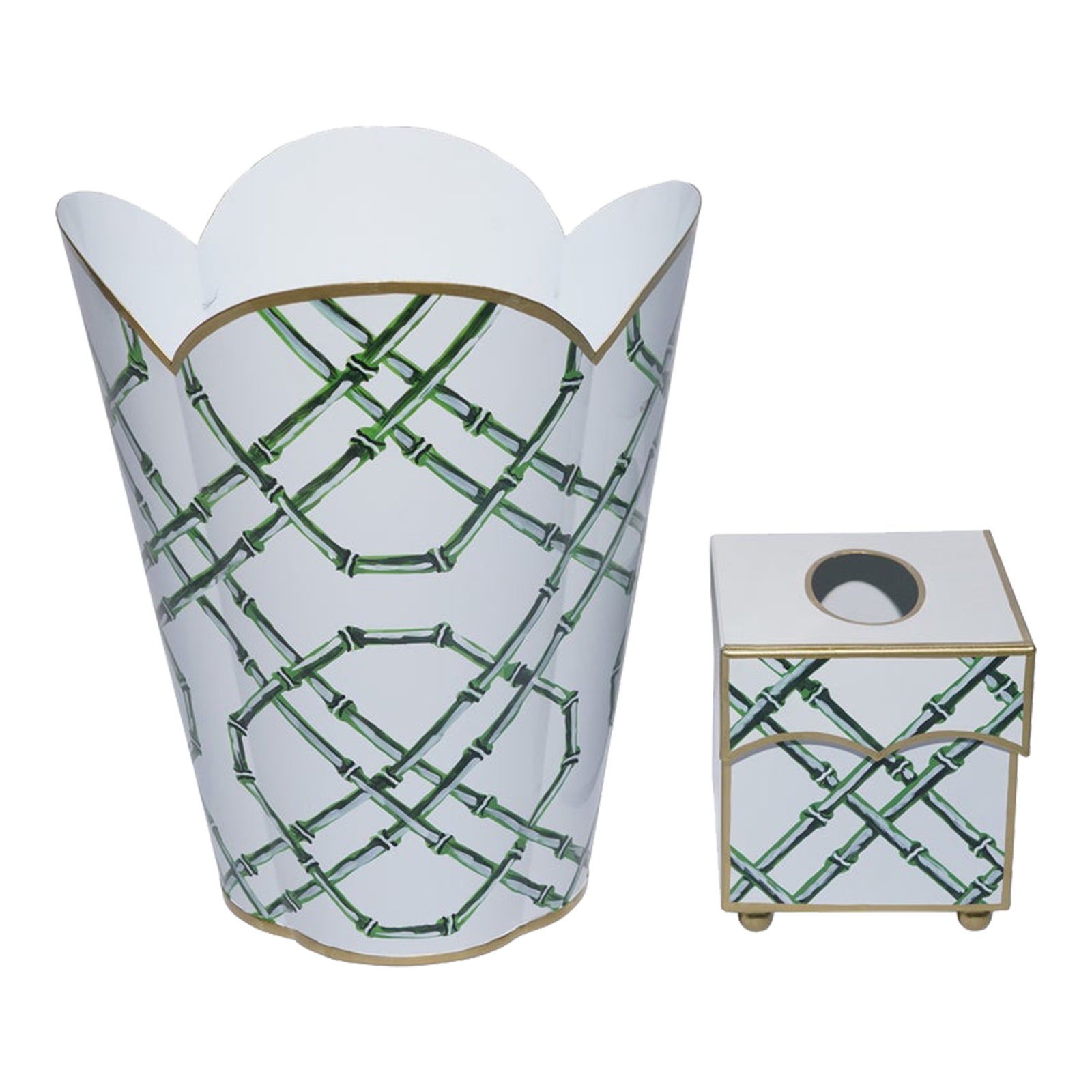 Bamboo Scalloped Tissue and Wastebasket Set, Green/White | Chairish