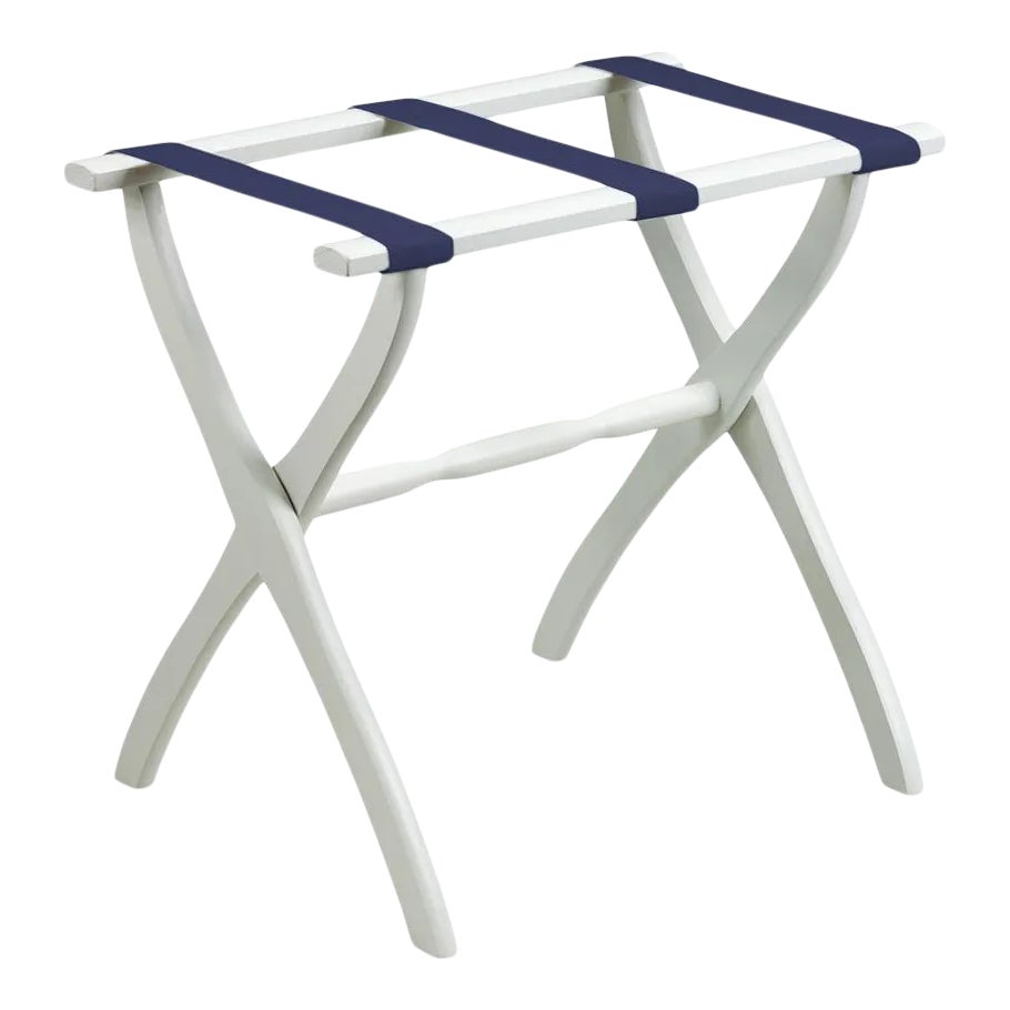 White Wood Contour Leg Luggage Rack with 3 Navy Nylon Straps | Chairish
