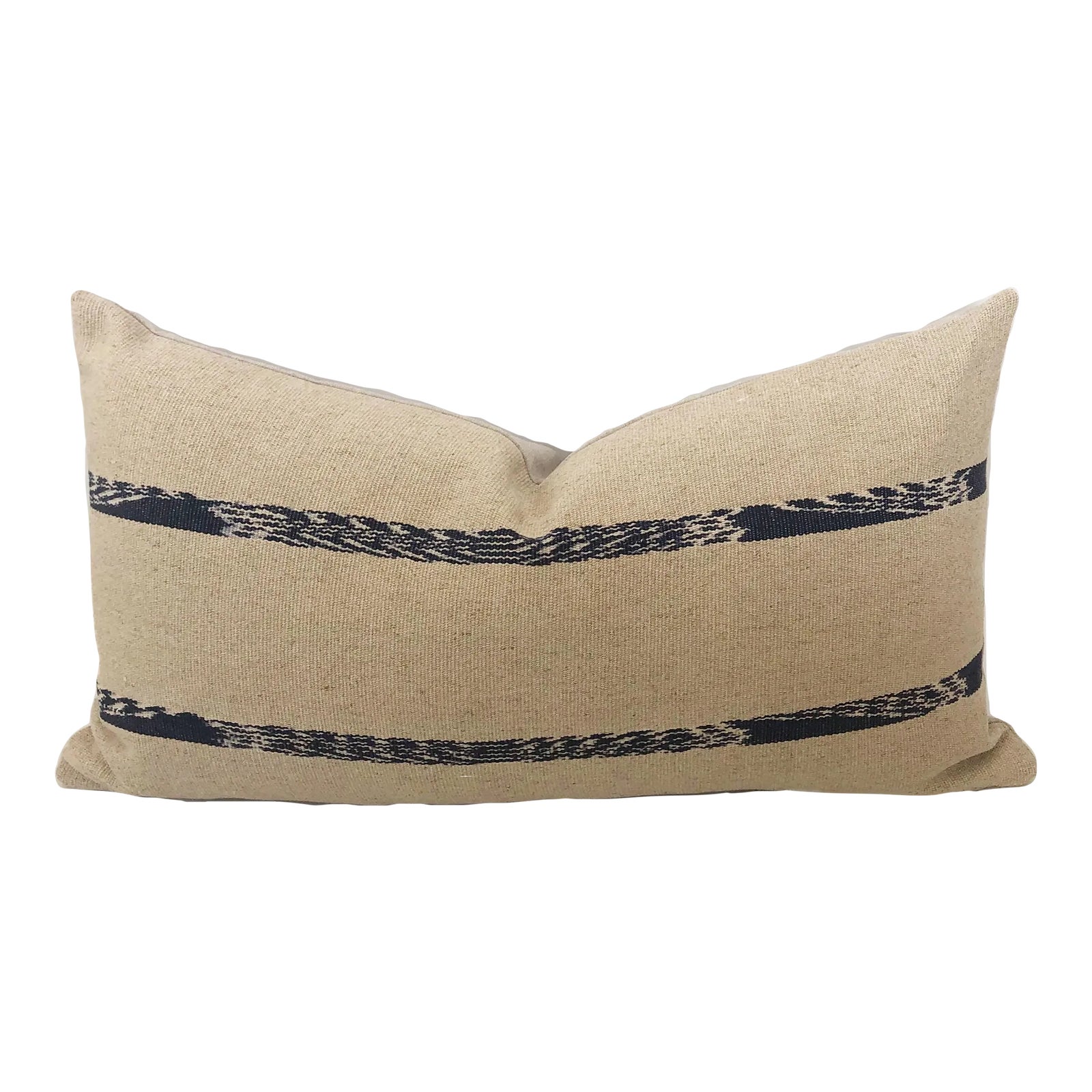 Hmong Handwoven Ikat Striped Beige and Navy Blue Tribal Lumbar Pillow ...