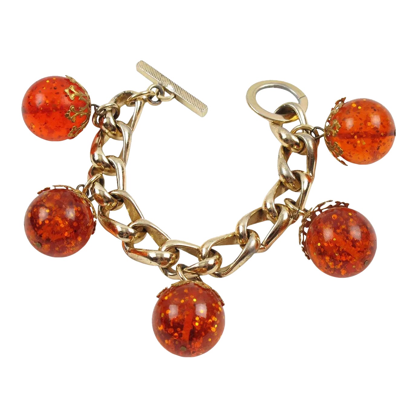 Gilded Aluminum and Orangeade Prystal Bakelite Beads Charm Bracelet ...