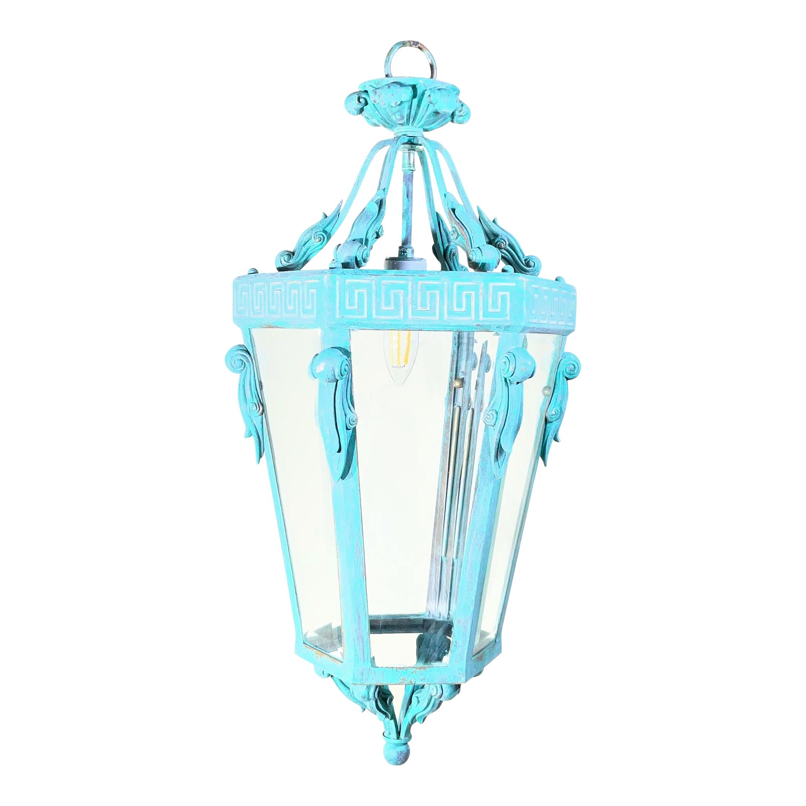 Vintage Neoclassical Verdigris Lantern – Greek Key Detail – Restored ...