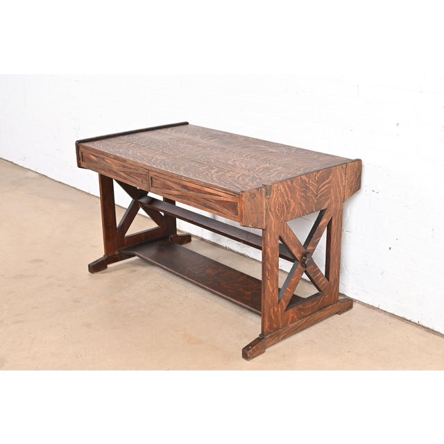 Limbert Style Antique Mission Tiger Oak Arts & Crafts Trestle Library ...