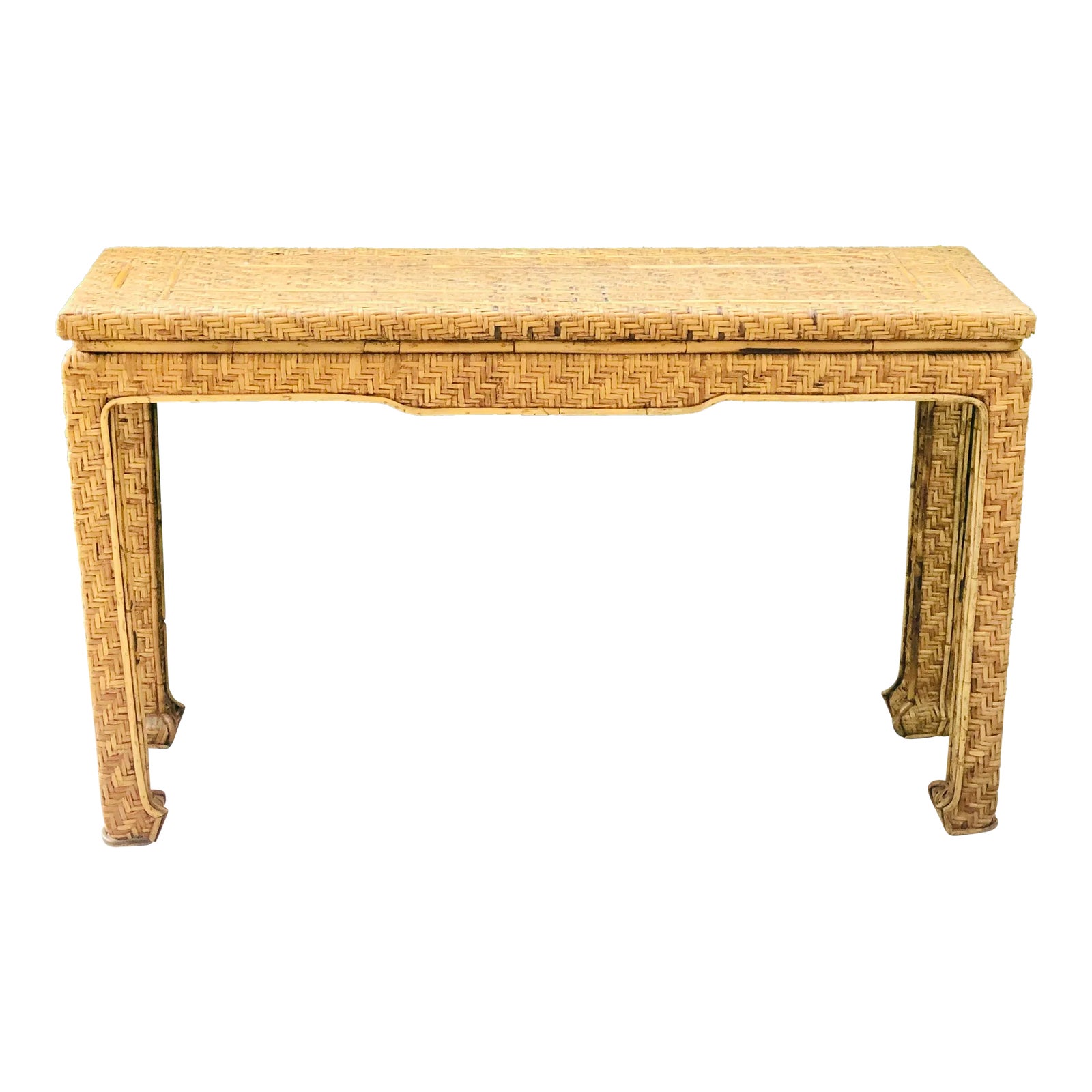 Vintage Coastal Style Woven Rattan Console Table | Chairish
