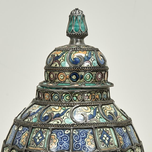 Large Vintage Moroccan Earthenware and Metal Urn | Chairish