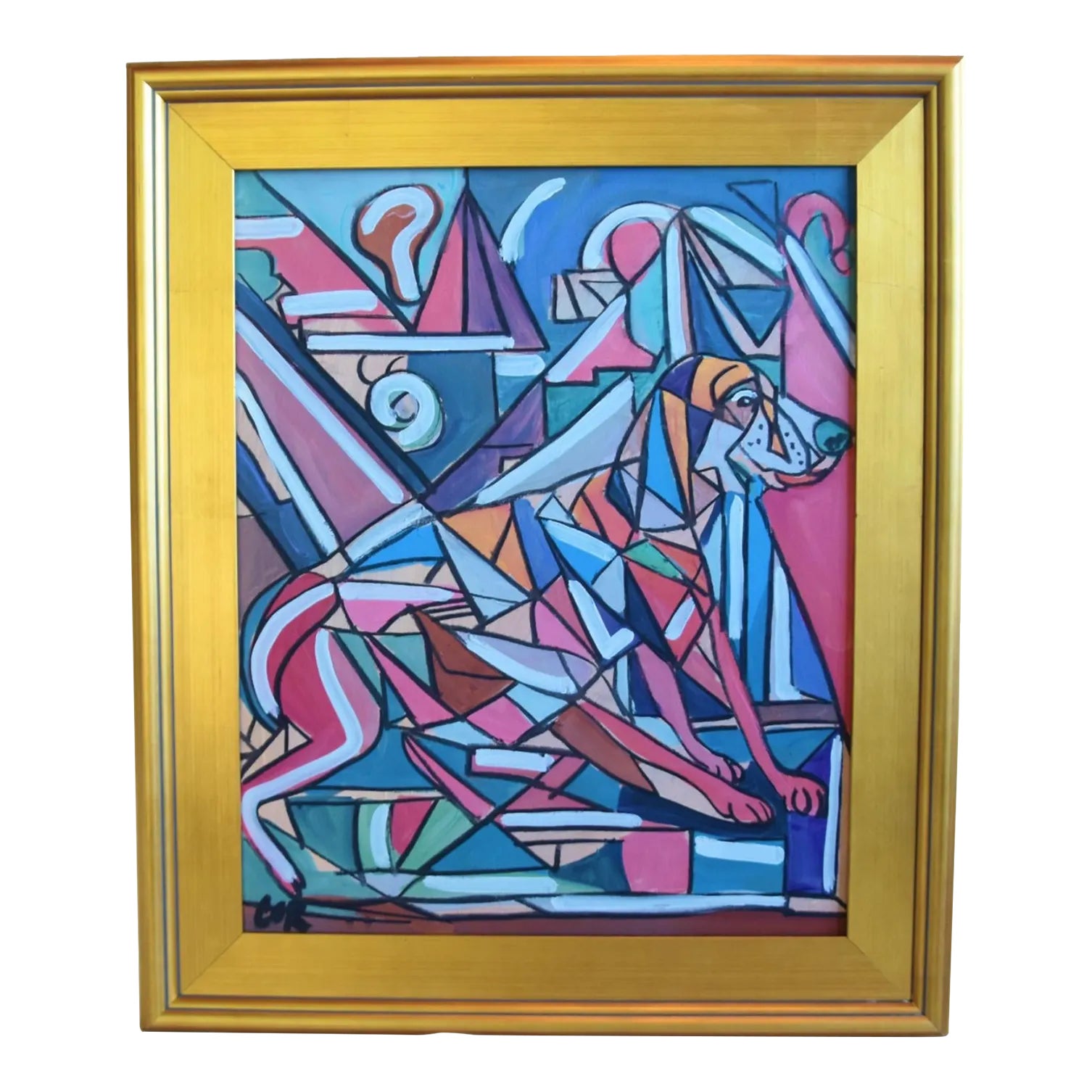 Contemporary Modern Cubism Dog Pet Oil Painting W/Antiqued Gold Wood ...