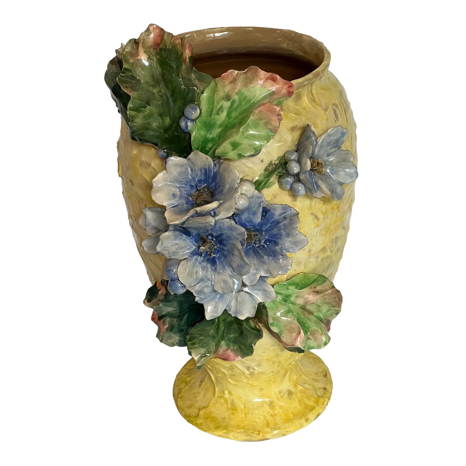 Vintage Made in Italy Majolica Barbotine Applied Flower Vase | Chairish