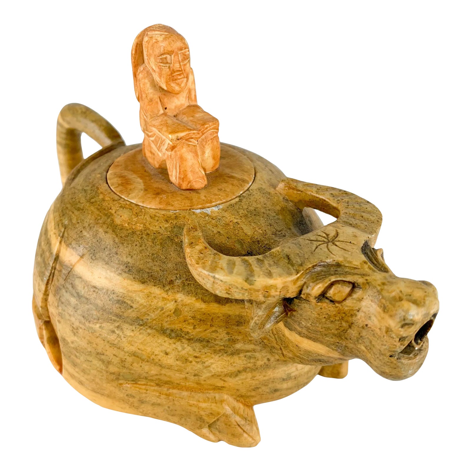 Vintage Water Buffalo Rider Farmer Asian Carved Natural Stone Tea Pot ...