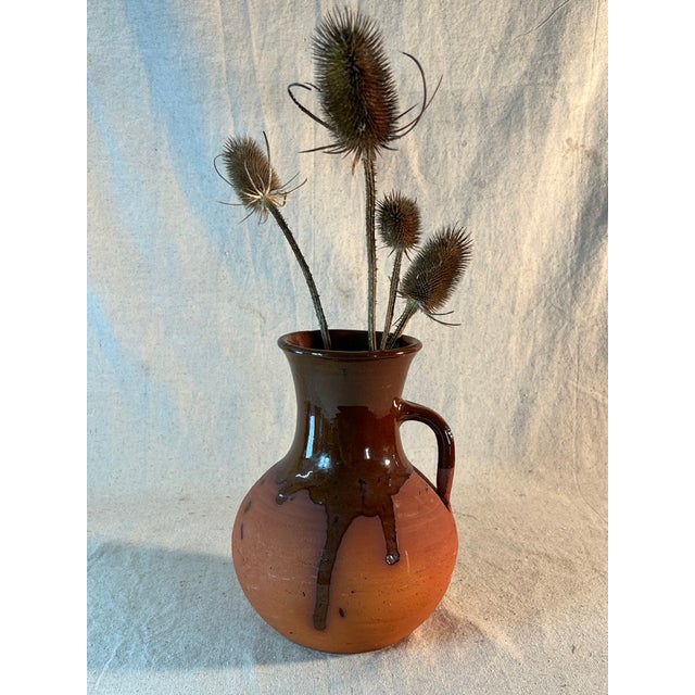 Vintage Terracotta Handle Jug With Drip Glaze | Chairish