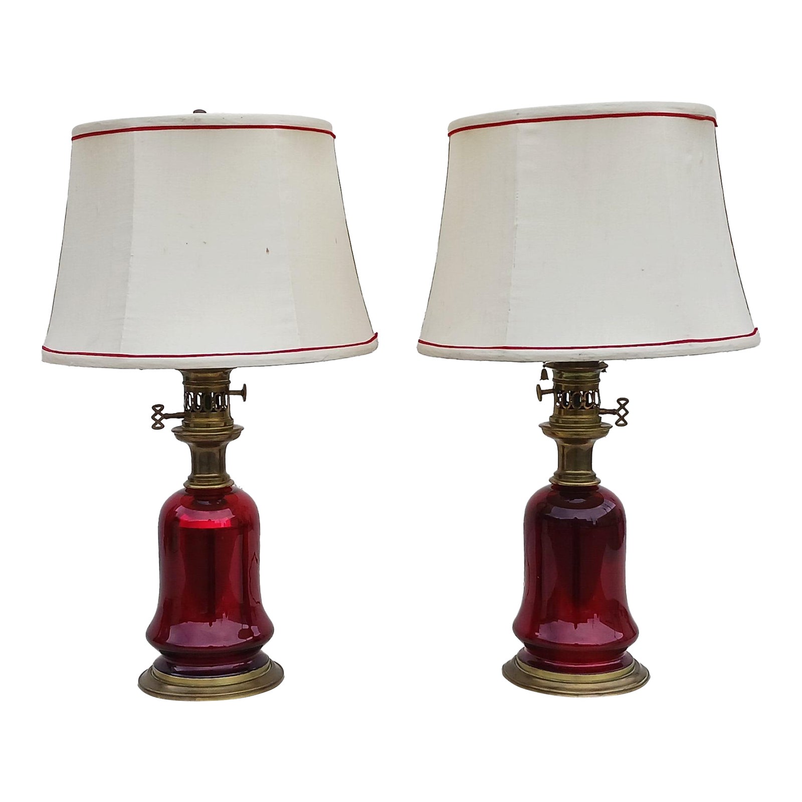 Antique French Second Empire Ruby Glass Converted Table Oil Lamps - a ...
