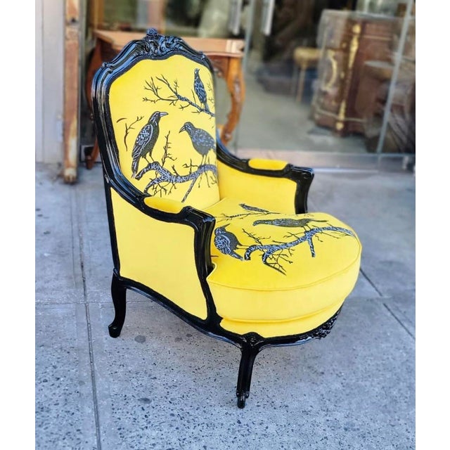 Gothic Raven Crow Yellow Velvet and Embroidery Armchair | Chairish