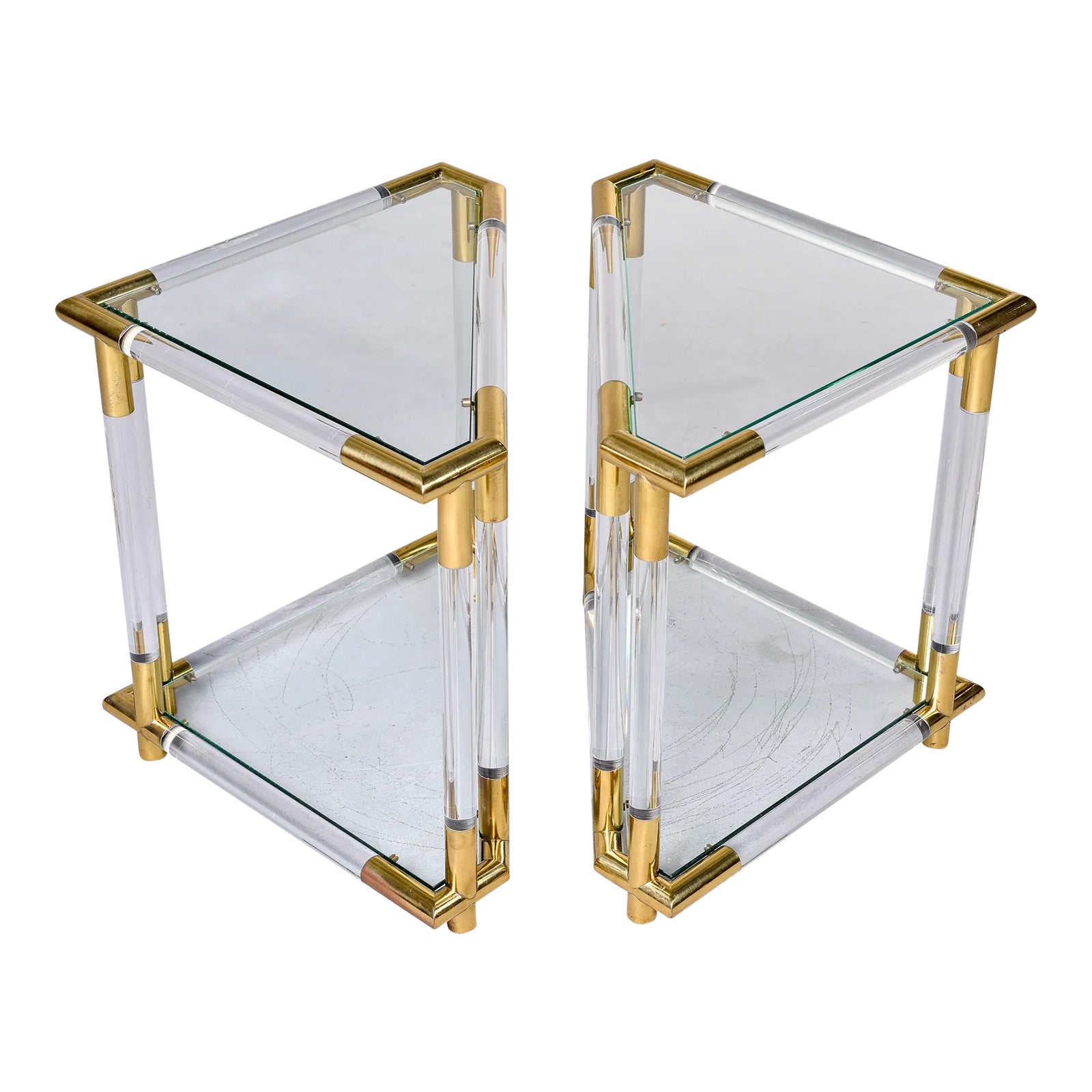 Pair Mid Century Triangular Brass Lucite and Glass Side Tables | Chairish