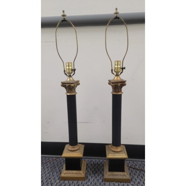 Pair of Empire Style Gilt Metal and Ebonized Column Lamps | Chairish