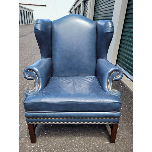 1980s Large Periwinkle Blue Leather Wing Chair | Chairish