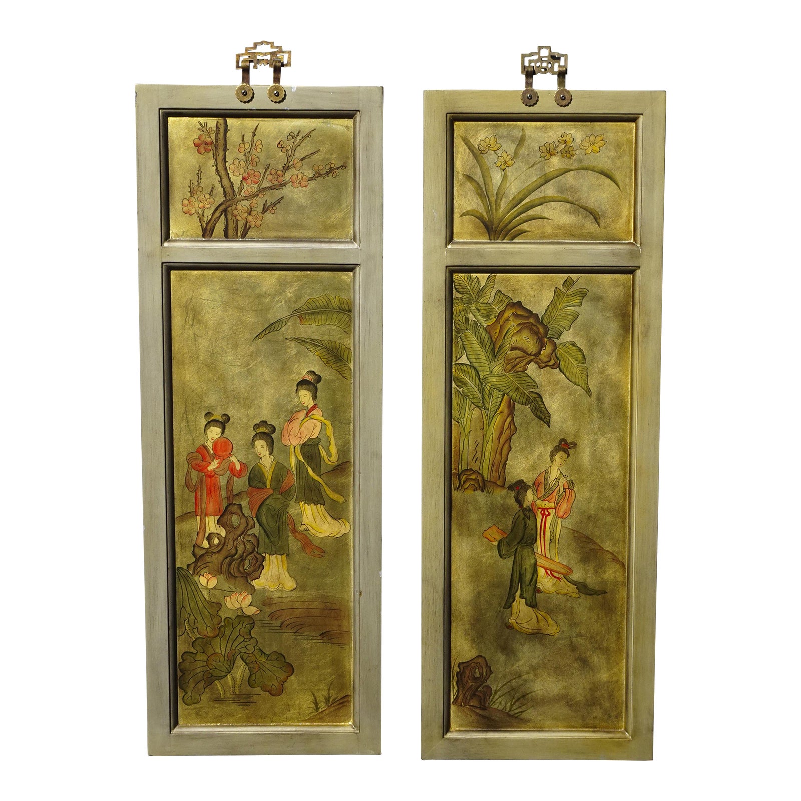 Vintage Oriental Asian Gold Two Panel Wall Screen Picture ~ Geishas ...