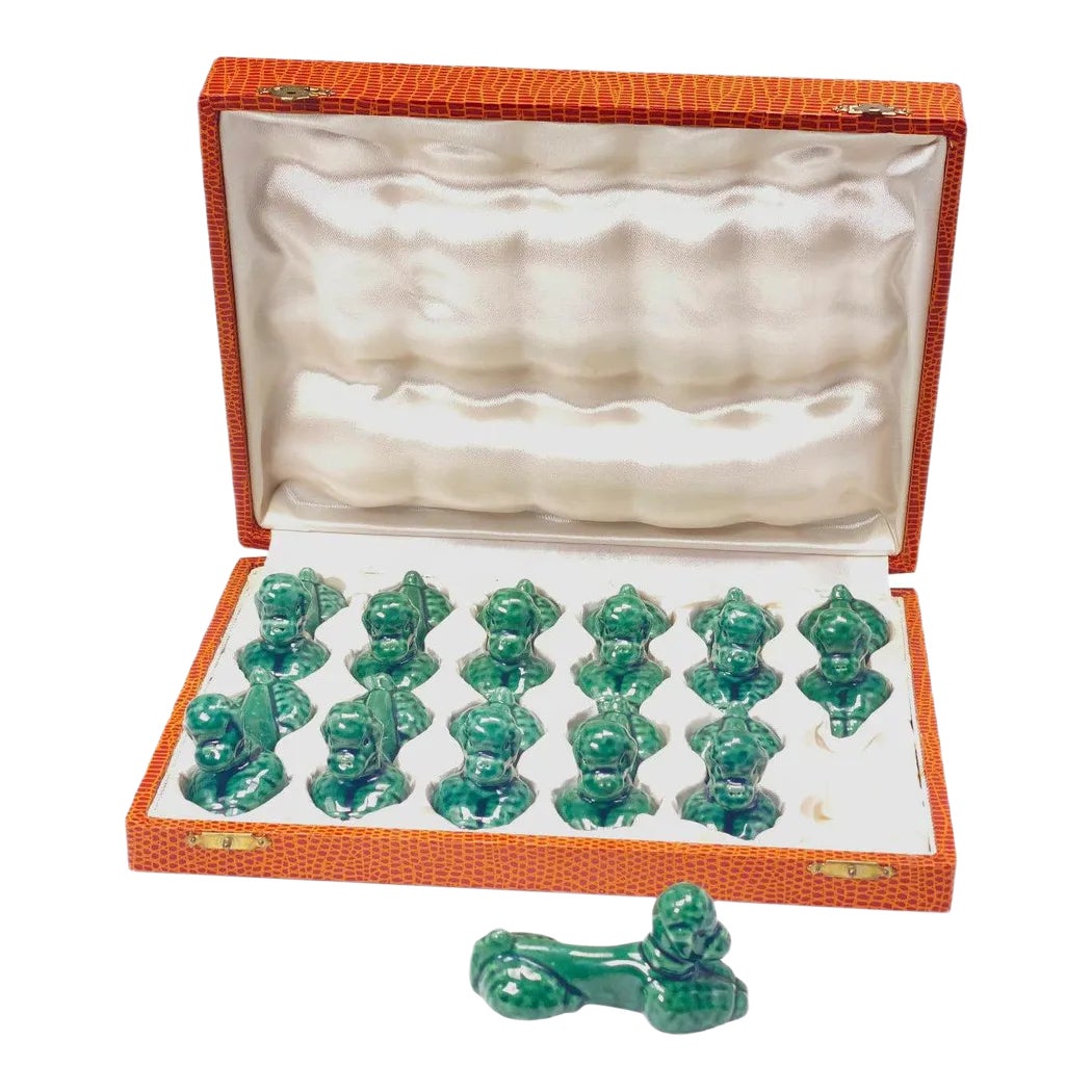 French Green Ceramic Knife Rests in Box, 1960, Set of 12 | Chairish