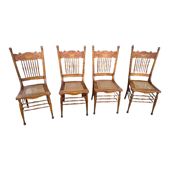 Early 20th Century Antique Pressed Back Oak Cane Seat Dining Chairs ...
