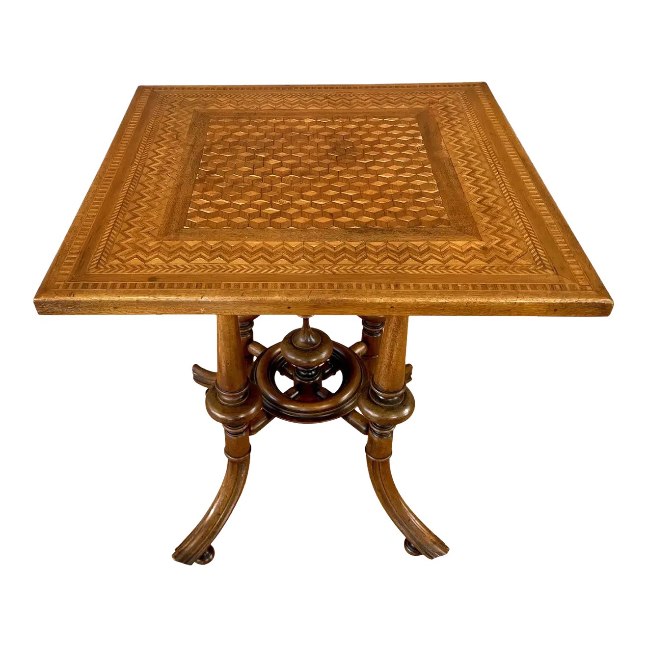 Antique Marquetry-Top Card or Game Table on Turned Wood Base, Circa ...
