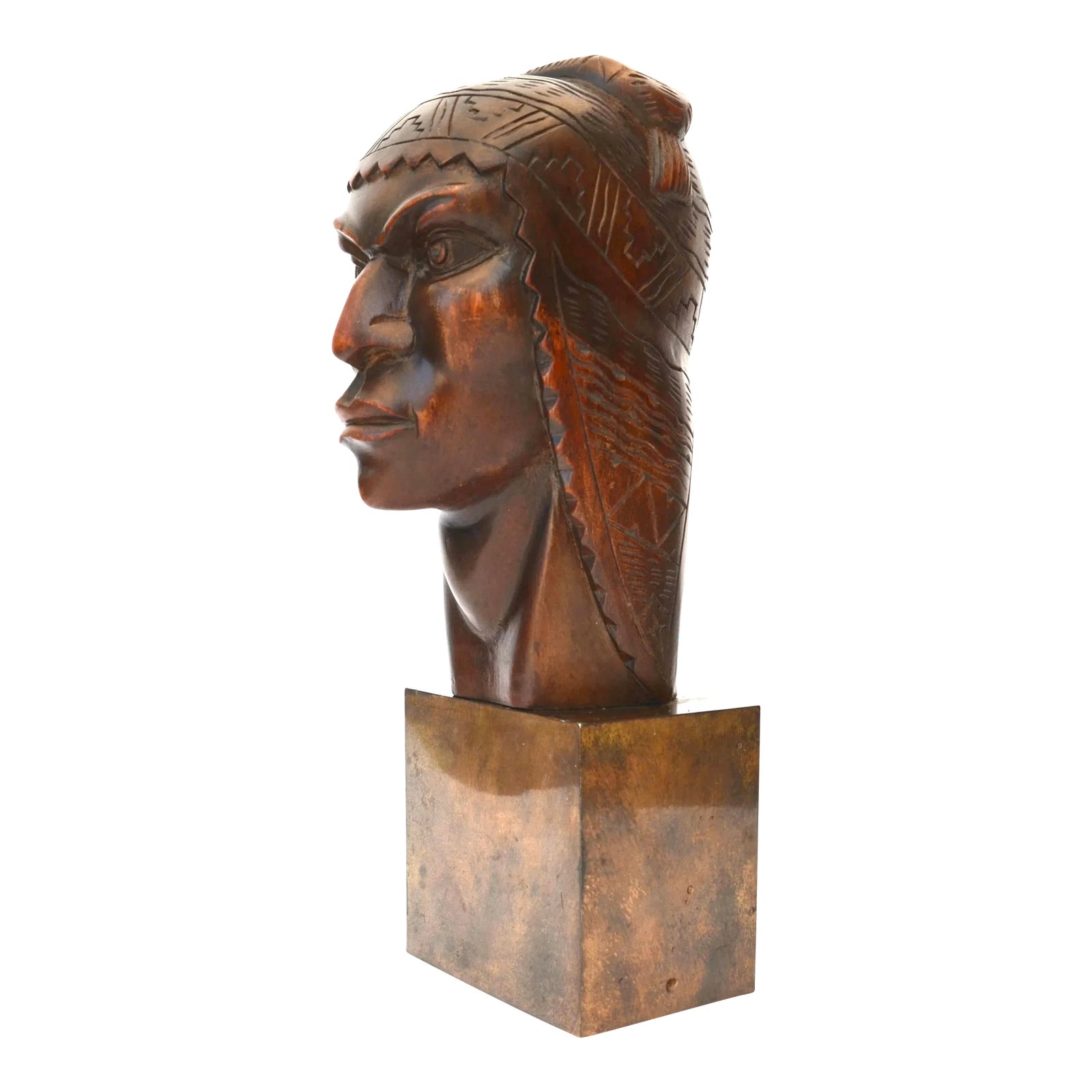1940s Peruvian Warrior Indian Sculpted Head in Wood by A. Silva | Chairish