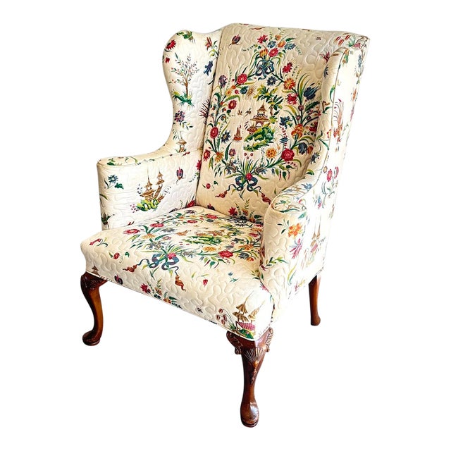 Asian-Print Quilted Floral Wingback Chair | Chairish