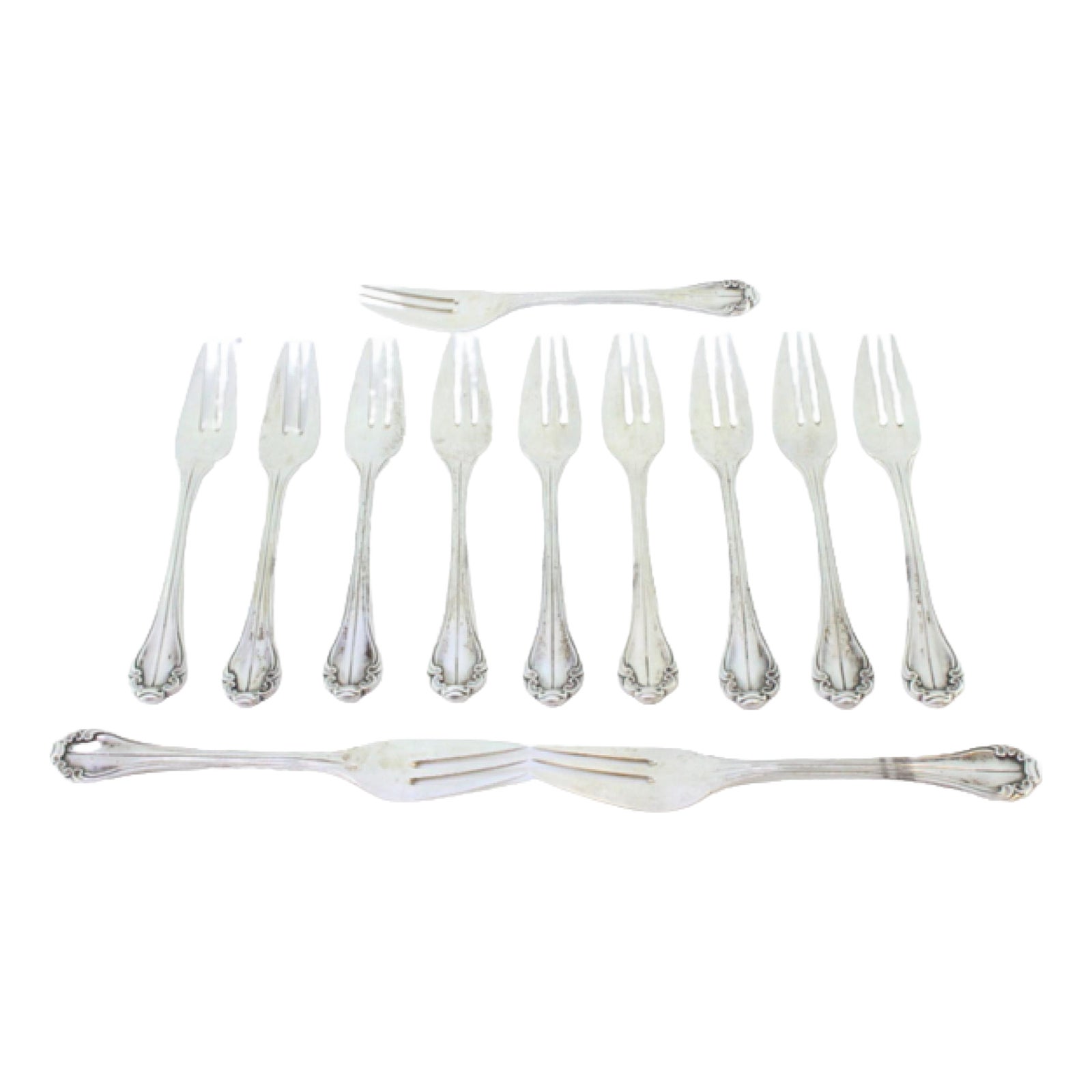 Silver Cake Forks with Trims and Shell Handles, Set of 12 | Chairish