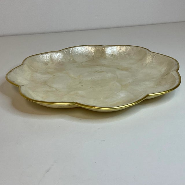 Mid-Century Scalloped Capiz Shell Platter With Brass Edge | Chairish