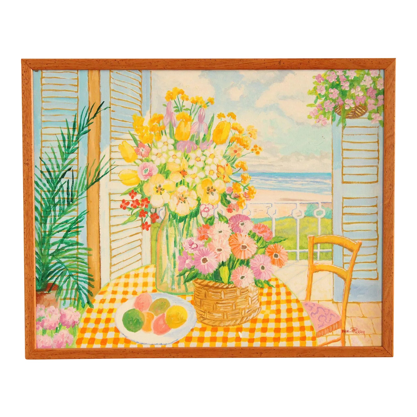 1980s Lloyd Van Pitterson Tropical Ocean View Balcony Custom Framed ...