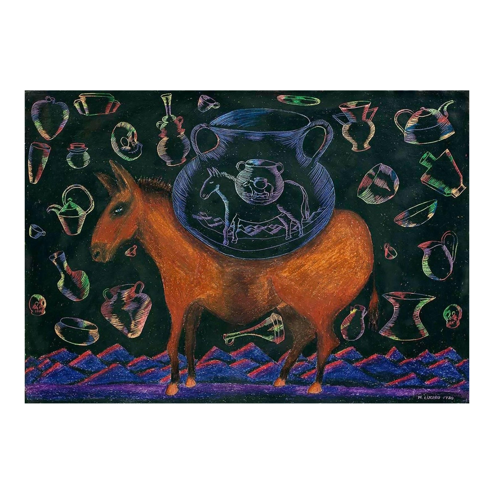 Michael LuceroColored Drawing with Ceramics and Horse Pop Folk Art ...