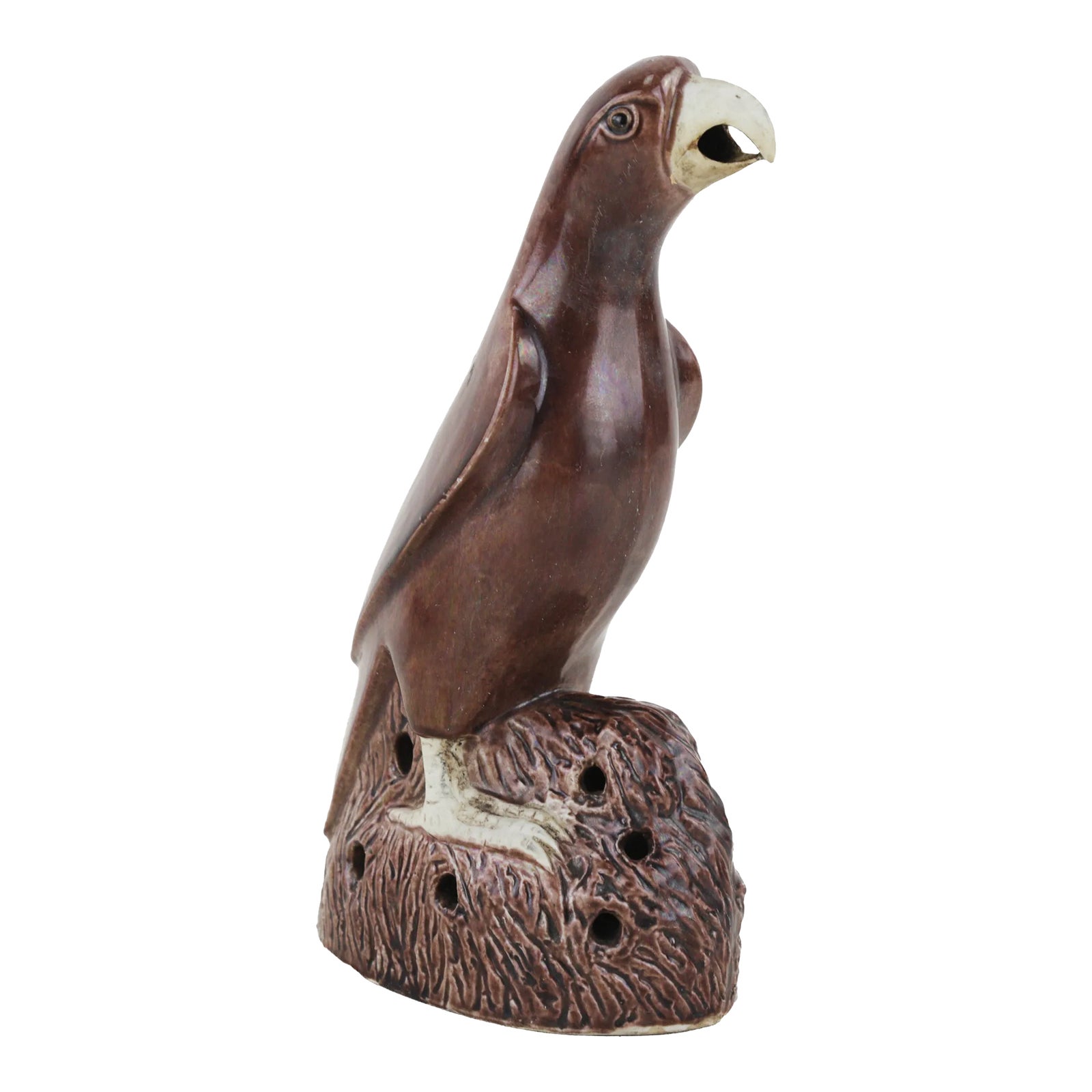 Vintage Chinese Glazed Porcelain Brown Parrot Statue | Chairish